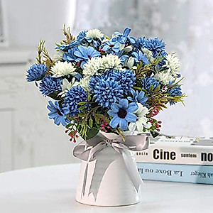 CORVYUC 5 Bundles Silk Artificial Flowers Fake Chrysanthemum Ball Faux Daisy Flower Bouquets Arrangements for Home Office Party Wedding Table Centerpieces Decor No Vase (Blue)
