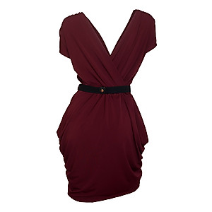 eVogues Plus Size Deep V-Neck Wrap Bodice Dress (2X, Burgundy)
