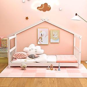 Giantex House Bed Twin, Solid Wood Kids House Bed with Roof, Headboard and Footboard, Low Floor Twin Bed Frame for Toddlers Teens Girls Boys, No Box Spring Needed, White