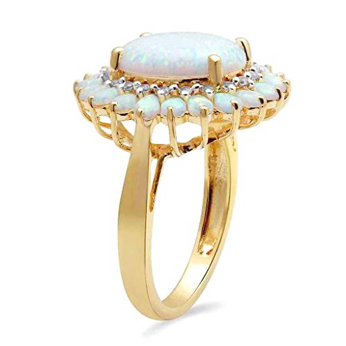 Jewelili Blooming Ring in 18K Yellow Gold Over Sterling Silver Oval and Pear Shape Created Opal with Round Created White Sapphire, Size 9