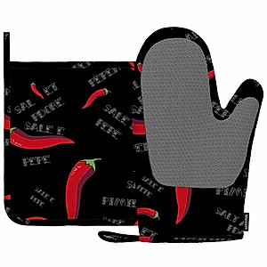 Mxocom Spicy Red Chili Peppers Heat-Resistant Oven Mitts and Pot Holder Hottest Bird's Eye Chili Black Background Kitchen Non-Slip Cooking Microwave Gloves for Cooking Baking Grilling