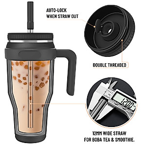 Zukro 40 oz Tumbler with Handle and Straw Lid， Leak Proof Vacuum Insulated Stainless Steel Water Bottle, Fit in Cup Holder, No Sweat, Keeps Drinks Cold 24 Hours, BPA Free, Dishwasher Safe - Black