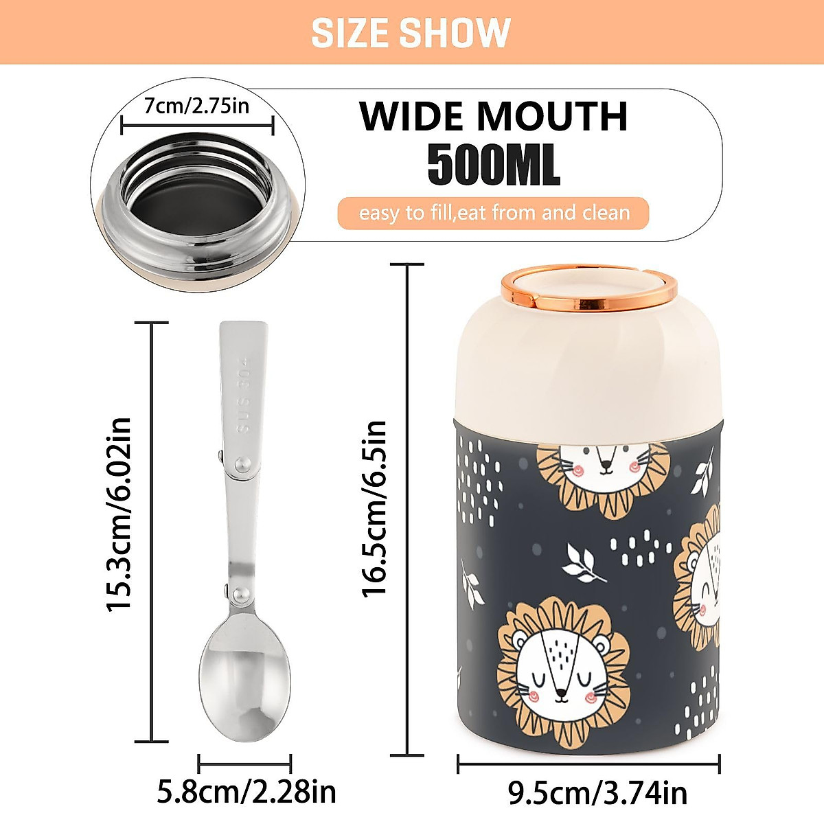 JUNZAN Handdrawn Cute Lion Cartoon Animals Kids Womens Food Insulated Jar with Spoon 17oz/500ml Lunch Box Containers Stainless Steel Vacuum Portable Lunch Boxes for Office Accessories