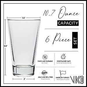 Vikko Drinking Glasses, 10.7 Ounce Drinking Glasses, Pack of 6 Crystal Clear Glass Cups for Water or Juice, Elegant Glass Tumbler & Water Glasses for Drinking
