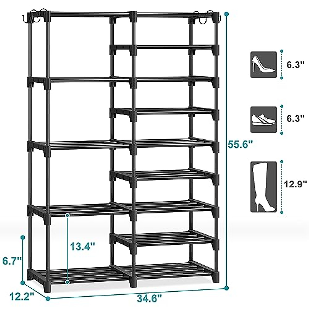 Raybee 9 Tier Shoe Rack for Entryway 35 Pairs, Stackable Metal Shoe Rack for Closet, Sturdy Shoe Organizer for Entryway Closet, Shoe Shelf Closet Shelf Organizer with 4 Hooks, 55.6"x34.6"x12.2"
