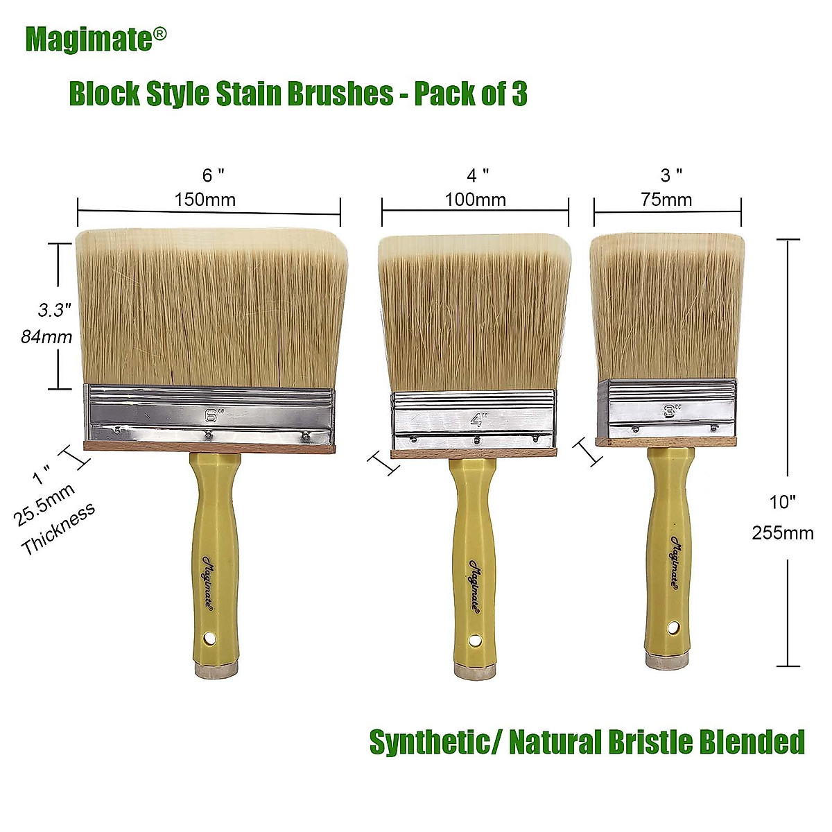 Magimate Deck Stain and Sealer Block Paint Brushes on Wood, Walls, Furniture, Shed and Fence, Large and Thick Bristle Paint Brushes, 3-inch, 4-inch and 6-inch Assortment, Set of 3