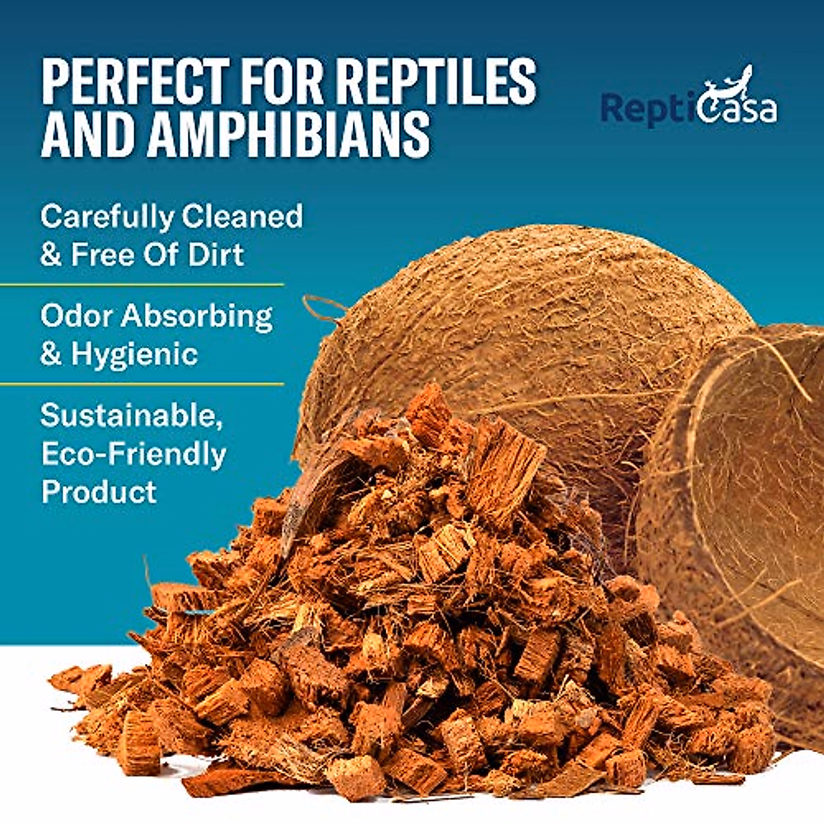 ReptiCasa Organic Coconut Chips Substrate Clean & Ready to Use for Reptiles, Snake, Tortoise, and Amphibian, Natural Fiber Free Husks, Clean Breeding and Bedding Flooring, Odor Absorbing – 10.6 Quarts