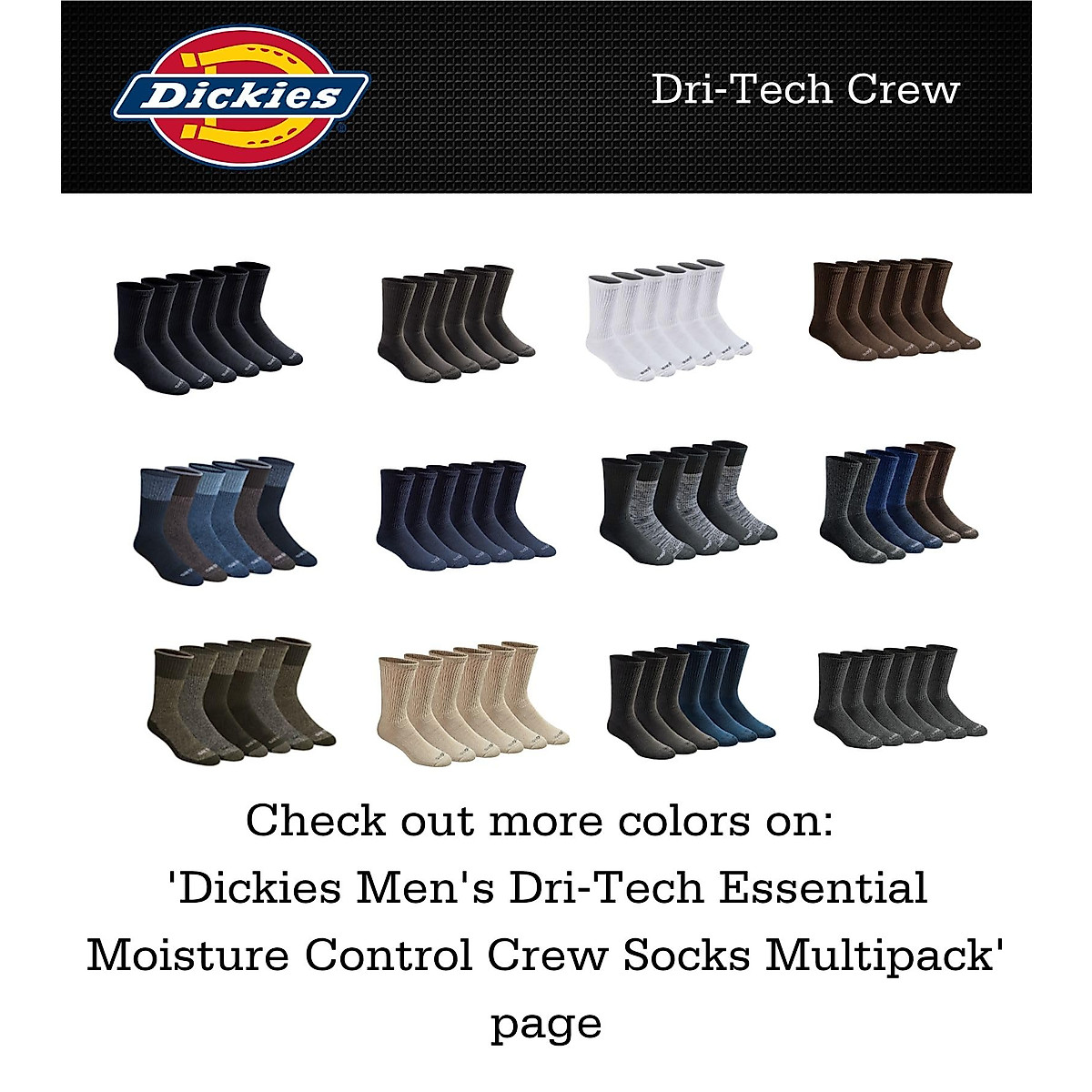 Dickies Men's Dri-Tech Original Moisture Control Crew Socks, Available in M-XXL (6, 12, 18, Black (6 Pairs), Medium