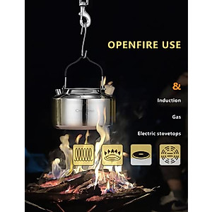 CretFine 304 Stainless Steel Camping Tea Kettle with Stackable Cups and Portable Bag, Anti-scalding Open Campfire Coffee Tea Pot, 1.1 Qt