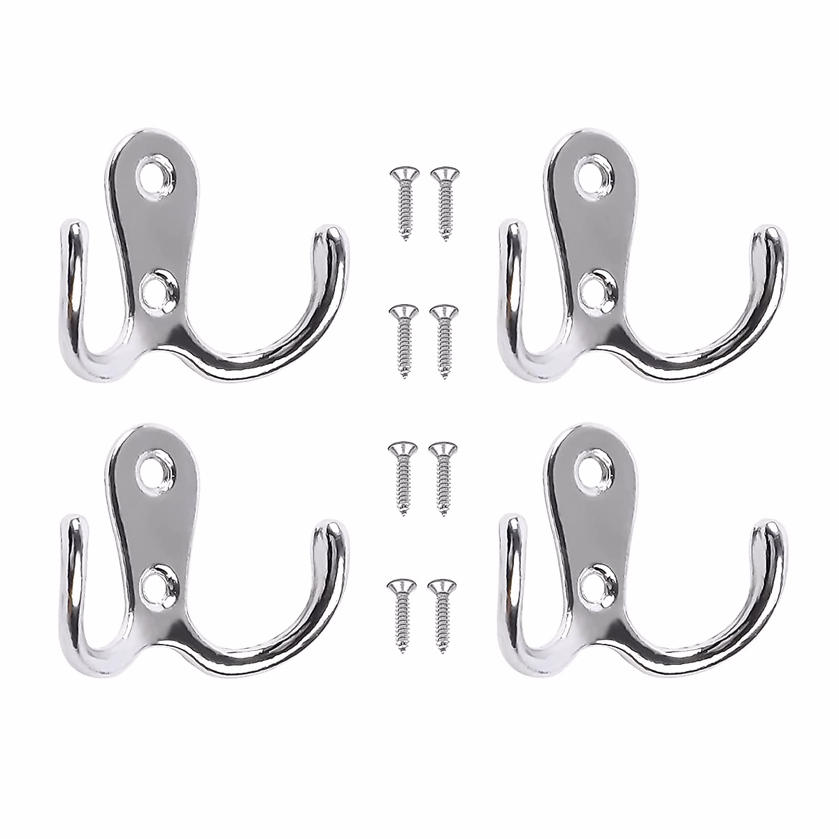 Lansonee 4 Pcs Double Prong Robe Hooks, Dual Coat Hooks Wall Mounted Hanging Clothes for Bathroom Bedroom Door Wall Retro Metal Cloth Hanger Double Coat Hooks with 8 Screws (Sliver)