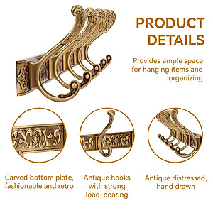 Coat Rack Wall Mounted, Aluminum Wall Hooks for Hanging with 5 Hooks Vintage Gold Wall Mount Coat Rack Key Holder for Wall Hallway