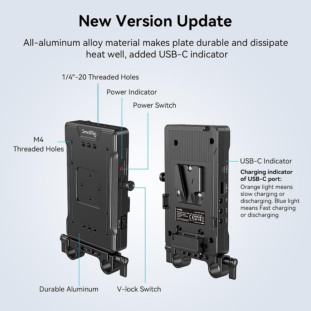 SmallRig V Mount Battery Adapter Plate with PD 65W USB-C Quick Charger, QC protocol USB-A, D-TAP, 8V & 12V DC Port, 15 mm Rod Clamp and Light Indicator, for Camera, Monitor, Transmitter, Phone - 3203B