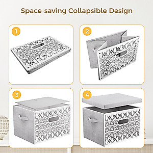 Iirios Storage Bins With Lids, 3 Pack Linen Foldable Storage Bins, Metal Clothes Storage Containers with Handles, Stackable Storage Baskets for Clothing, Blanket, Comforters, Pillows and Toys (White)