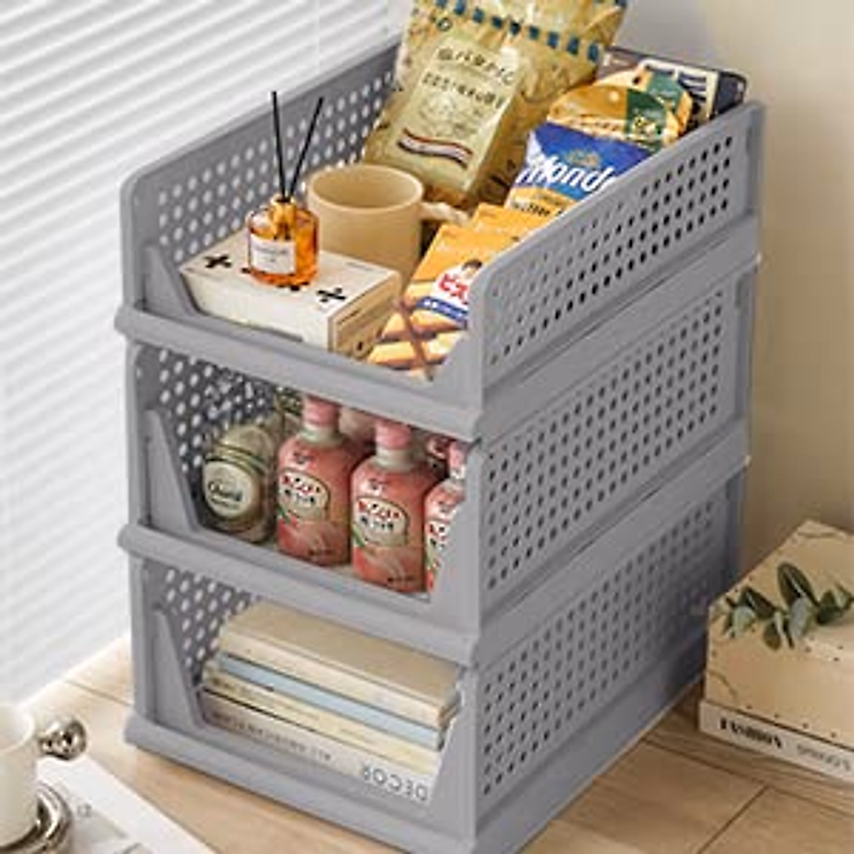 4-Pack Folding Wardrobe Storage Box Plastic Drawer Organizer Stackable Shelf Baskets Clothes Closet Containers Bin Cubes ,Home Office Bedroom Laundry Fold Pull Out Drawer Dividers for Clothes,Toys