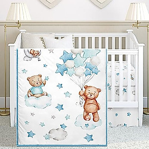 Mixweer 3 Pcs Cloud Balloon Bear Theme Crib Bedding Set for Boys Baby Nursery Mini Crib Bedding Set Comforter Sets Blue Gender Neutral Standard Size Crib Fitted Sheet, Comforter, Crib Skirt, for Girl