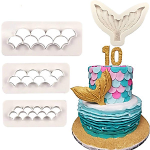 4Pcs/Set Mermaid Tail Silicone Fondant Mold & Scale Fondant Cutter, Fish Scales Pattern Geometric Embossing Biscuit Cookie Cutter DIY Mermaid Birthday Party Cake Decorating Supplies