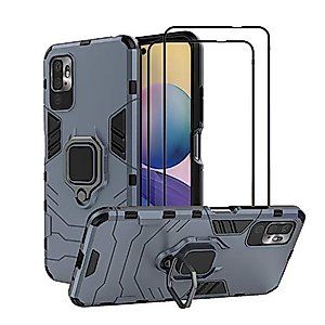 QCMM Compatible for Xiaomi Redmi Note 10 5G / Xiaomi Poco M3 Pro 5G Kickstand Case with Tempered Glass Screen Protector [2 Pieces], Hybrid Heavy Duty Armor Dual Layer Anti-Scratch Case Cover, Blue