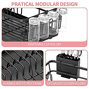 Urackify Dish Drying Rack for Kitchen Counter, Kitchen Dish Rack Black, Large Sink Dish Drainer Dryer Rack Small Space, Kitchen Dishes Strainer Drying Rack with Drain Board Cup Holder Cutlery Holder