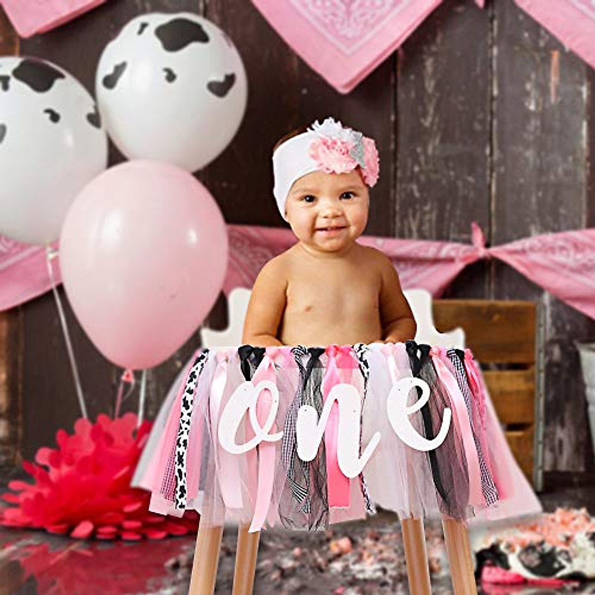 Wahawu Cow Print Birthday High Chair Banner - First Birthday Highchair Banner , Pink Cow Banner for 1st Birthday , Holy Cow Im One Birthday Decorations Girl , Farm One Birthday Decorations