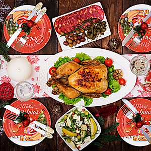 Bluechok Christmas Party Paper Plates Sets, 72Pcs Santa Elk Print Decorations Supplies, Disposable Xmas Holiday Decor Tableware Set Includes Paper Plates and Napkins for 24 Guests