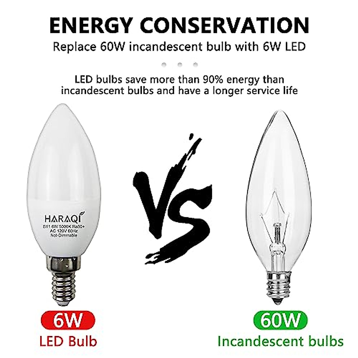 haraqi 6 Pack 6W 120V E12 Base B11 LED Filament Candle Light Bulb, 5000K Daylight White Light, 60W Equivalent Decorative Chandelier Bulbs for Ceiling Fan Lights, Pendants, Fireplace