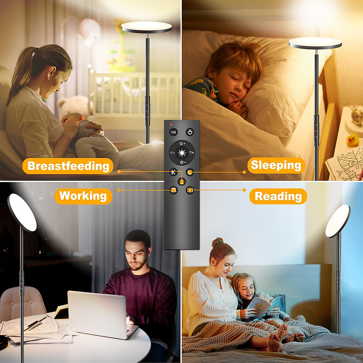 Floor Lamp, 2400LM Bright LED Torchiere Floor Lamp with Stepless Dimmable 4 Color Temperatures, Tall Standing Room Lamp with Remote & Touch Control, LED Floor Lamps for Living Room Bedroom Office