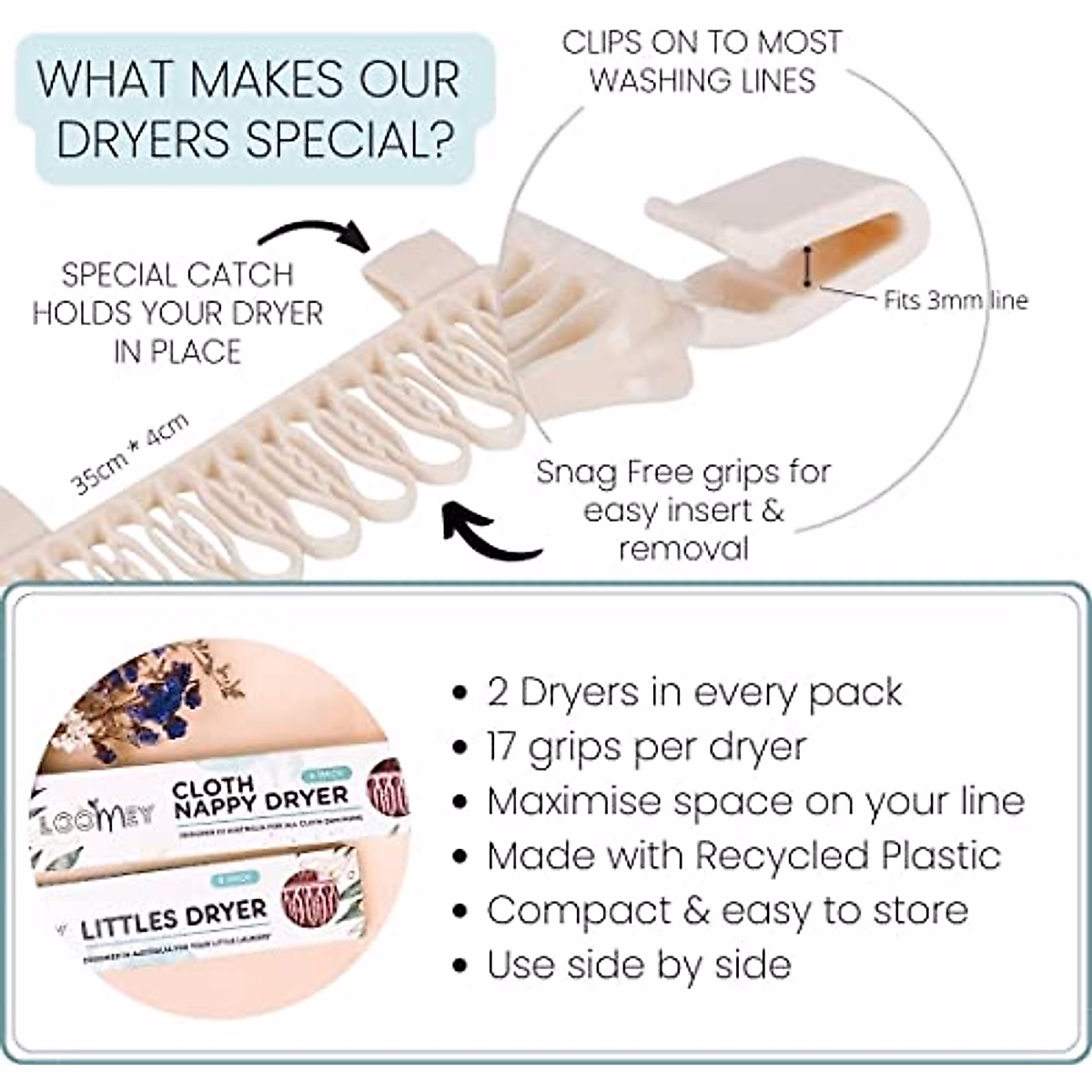 Loomey Plastic Laundry Dryer Hanger Clips Highly Suitable for Socks, Underwear, Small and Baby Clothes, Nappy, Bibs Sturdy Gripping Slip Resistant Plastic pegs for Washing line (4X17 Pins) (Cream)