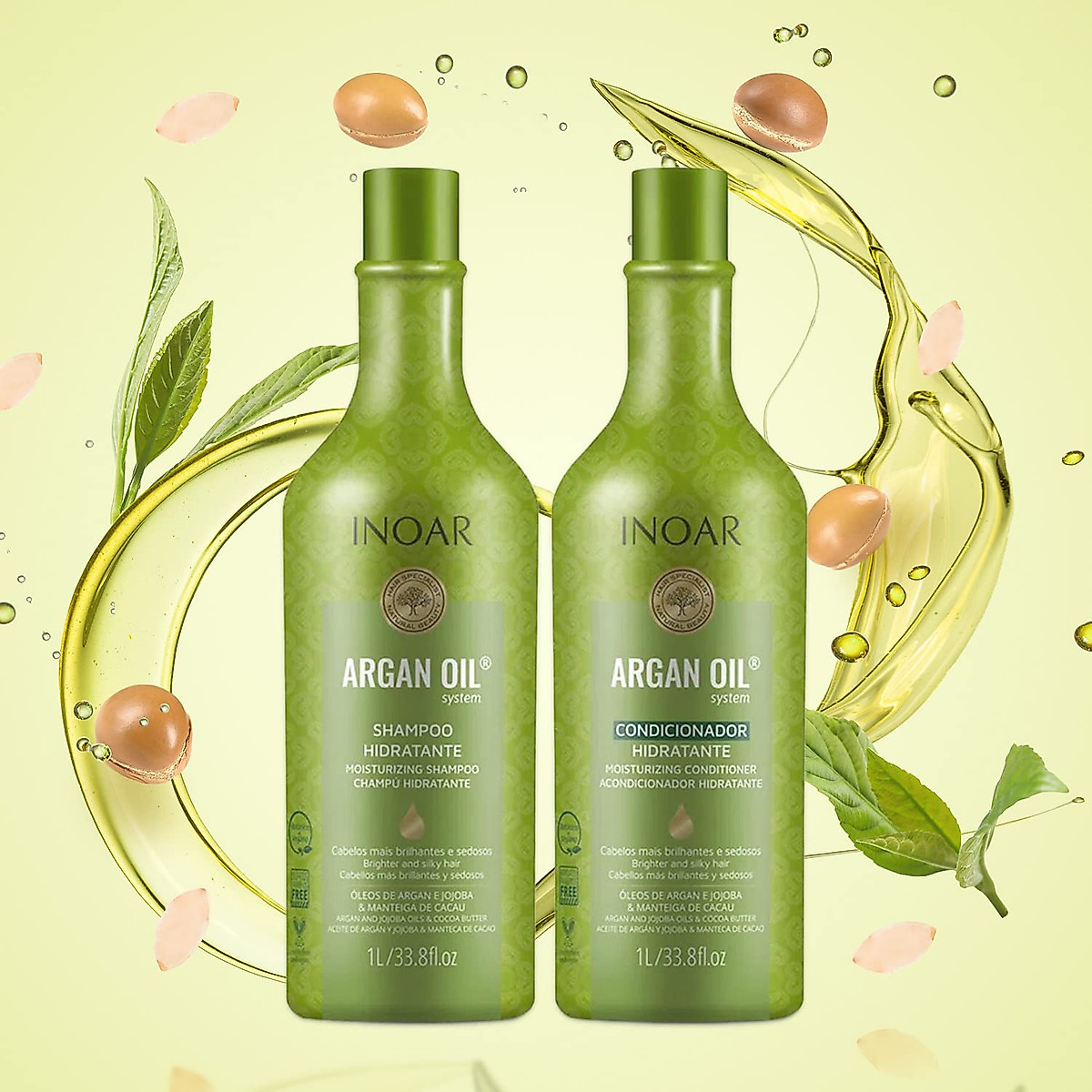 Inoar Argan Oil Shampoo & Conditioner Set - Hydrating, Moisturizing, Nourishing, Shine for Dry Damaged Hair - Repair, Hydration & Strengthen Chemically Treated Hair for Men and Women, 67.6 Fl Oz