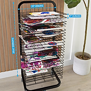 Joymaney Art Drying Rack for Classrooms and Art Studios, Original Unique System of 25 Shelves That Have 90 Degree Lift and are Removeable, Mobile and Sturdy, Ideal for Schools,Art, Preschool