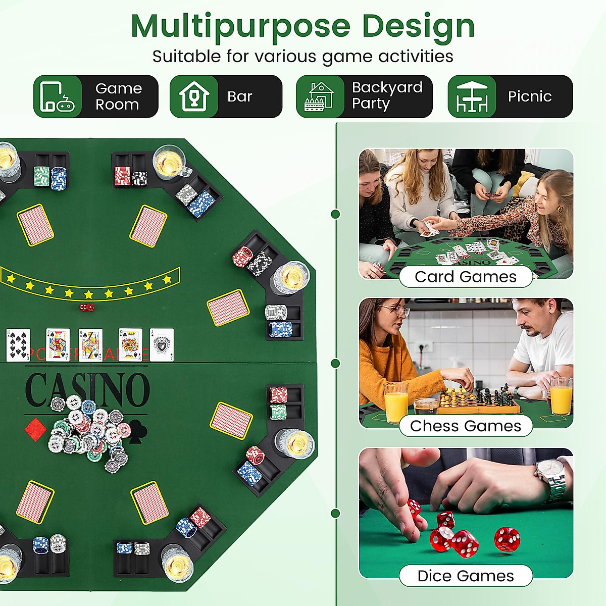 Giantex 48" Poker Table Top, 8 Player Foldable Texas Holdem Poker Mat Layout w/Carrying Bag, Cup Holders, Chip Trays, Portable Anti-Slip Blackjack Octagonal Poker Table Topper for Card Casino Game