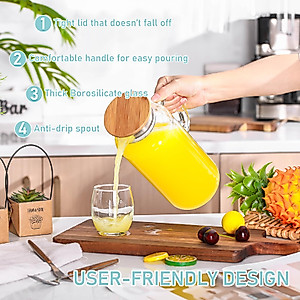 2 Pcs Glass Pitcher Water Pitcher with Lid Hot Cold Water Pitcher Bedside Water Carafe with Handle Heat Resistant Borosilicate Glass Jug for Fridge Beverage Carafe (68 oz,Stainless Steel, Bamboo)