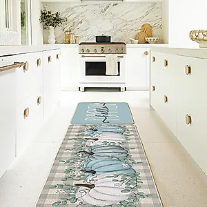 Artoid Mode Buffalo Plaid Hello Pumpkin Eucalyptus Fall Kitchen Mats Set of 2, Home Decor Low-Profile Kitchen Rugs for Floor - 17x29 and 17x47 Inch