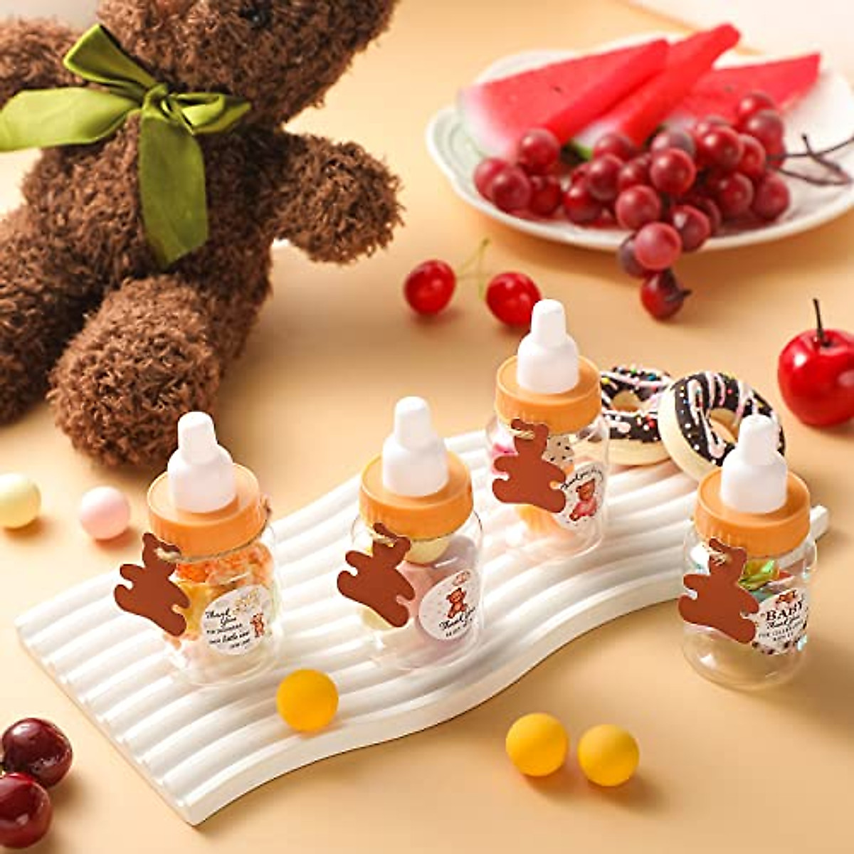 48 Pcs 1.5 x 3.4 Inch Mini Baby Bottle Shower Feeding Bottle Favor with 500 Adhesive Baby Shower Thank You Stickers and 48 Pcs Bear Shaped Decors for Baby Shower Party