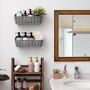 GRANNY SAYS Wicker Hanging Basket, 2 Pack Storage Baskets for Cabinet, Wall Mount Fruit Basket for Kitchen, Adhesive Bathroom Cabinet Organizer, Pantry Organizers and Storage, Gray