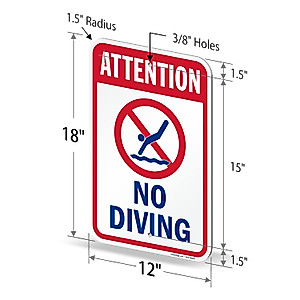 SmartSign Attention No Diving Sign - 2 Pack, 18 x 12 inch, Pool Sign, 2mm Aluminum Composite, Pre-Drilled Holes, Red/Blue on White