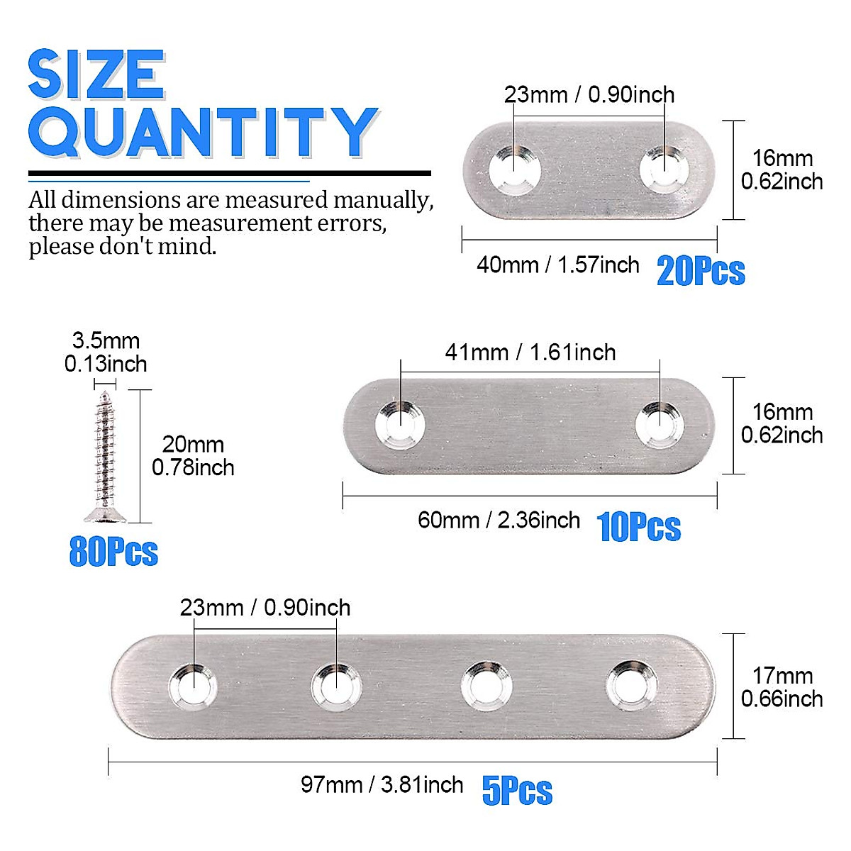 Glarks 35-Pieces 1.6 inch/ 2.4 inch/ 4 inch Stainless Steel Flat Straight Brace Brackets Mending Joining Plates Repair Fixing Bracket Connector and 80pcs Screws Set, Total 115pcs, Silver