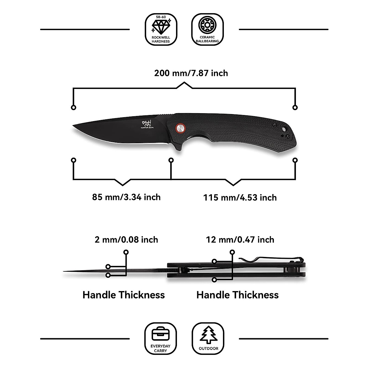 HUNTER.DUAL Pocket Knife, Folding EDC Knife with Clip for Men, Small Camping Knife for Outdoor, 3.34'' D2 Steel Blade, G10 Handle