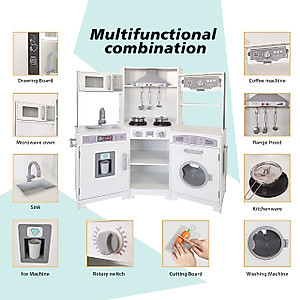 TaoHFE Corner Play Kitchen with Lights&Sounds White Kitchen for Kids Toddler Kitchen Set with Washer Chalkboard Wooden Kitchen Kids Playset with Washing Machine Range Hood Girls boys Gift for Ages 3+