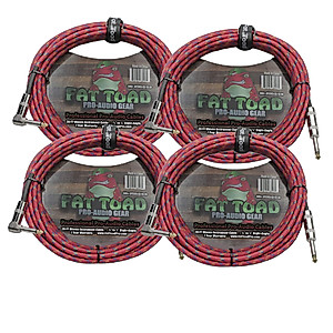 Fat Toad Guitar Cords (4 Pack) Right Angle to Straight-End Instrument Cable Tweed Cloth Jacket Braided Woven 20FT 1/4 Inch Jack TS for Electric Guitar, Bass, AMP | Shielded 24 AWG Patch Conductor