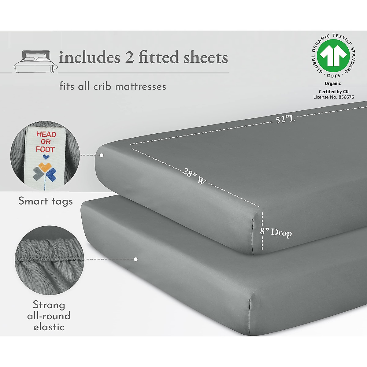 100% Organic Cotton Crib Sheets for Boys or Girls, Set of 2 Fitted Sheets, Cooling & Softest Baby Crib Sheets for Girl, Crib Mattress Sheet or Toddler Bed Sheets, Percale (Dark Gray)