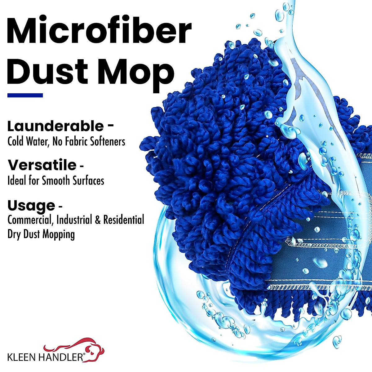 KLEEN HANDLER 36 Inch Microfiber Dust Mop, Large Washable Commercial Dust Mop, Sweeper, Janitorial Dust Mop Head Replacement, Push Mop Broom, Blue