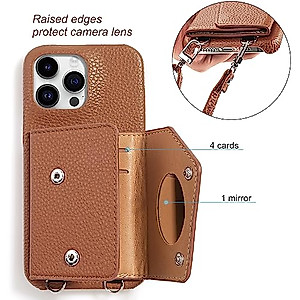 DorisMax iPhone 14 Pro Max Wallet Case with Makeup Mirror - 4 Card Slots - Crossbody Straps - Designed for Women and Girls - Double Magnetic Clasp Leather Cover - Protective Phone Case - Brown