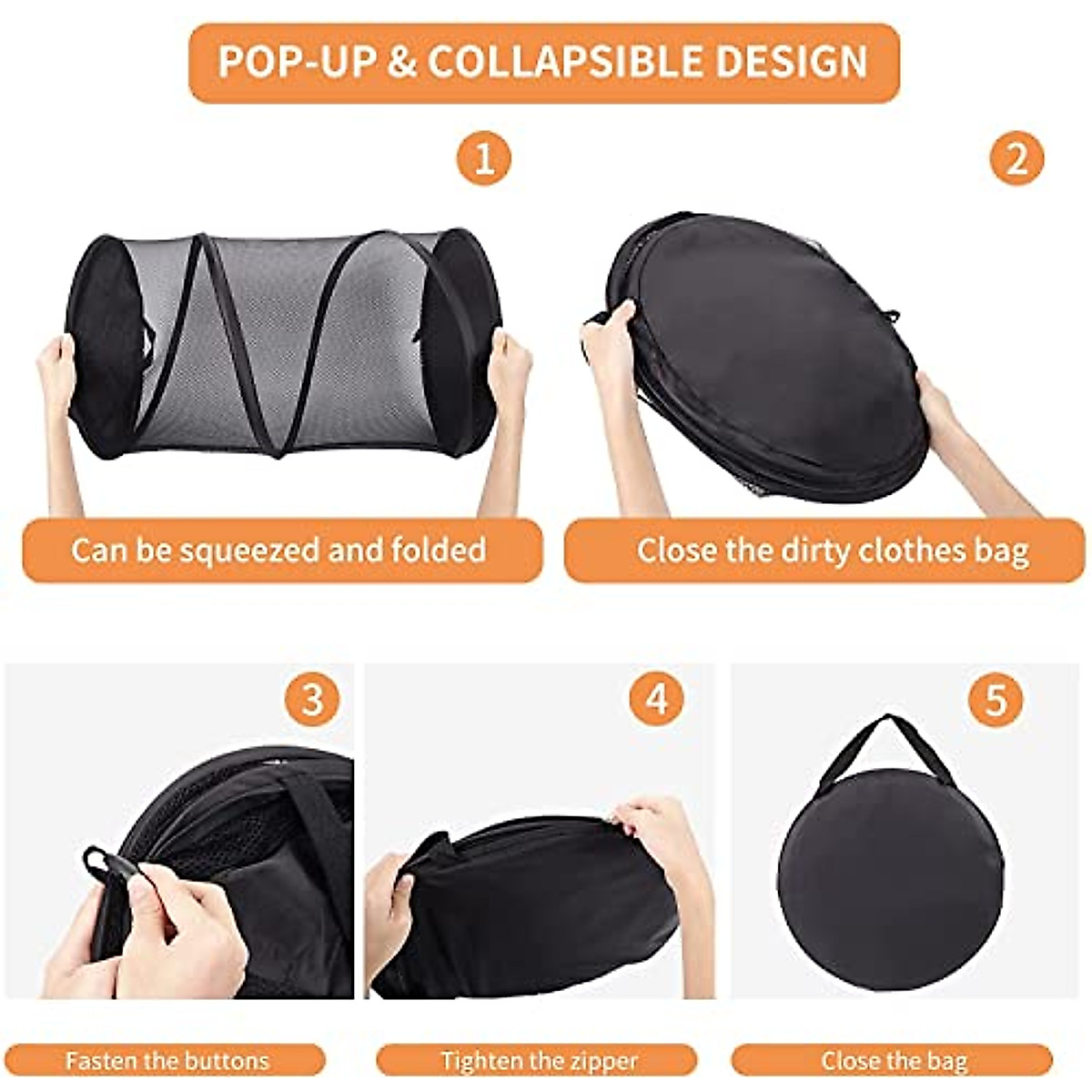 Collapsible Mesh Popup Laundry Hamper, Foldable Dirty Clothes Basket w/Strong Carry Handles/Solid Bottom/High Carbon Steel Frame/Storage Bag, Great for Kids Room/College Dorm/Travel, Round, Black