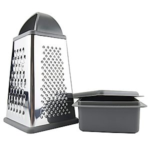 Tovolo Box Grater, Stainless Steel with 4 Sides Best for Parmesan Cheese, Vegetables, Ginger, Nuts with Detachable Storage Container One Charcoal