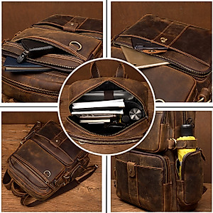 PAHVRION Men's Vintage Leather Backpack Casual Daypack Fits 15.6 Inch Laptop Brown Travel Rucksack Business Work Hiking Daypack