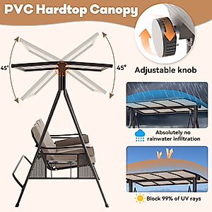 EBE Outdoor Porch Swing with Polycarbonate Hardtop, 3 Seat Patio Swing Chair with 2 Side Cup Holder, Convertible Backrest Swing Bed with Cushion, 2 Pillows for Front Porch Garden, Brown