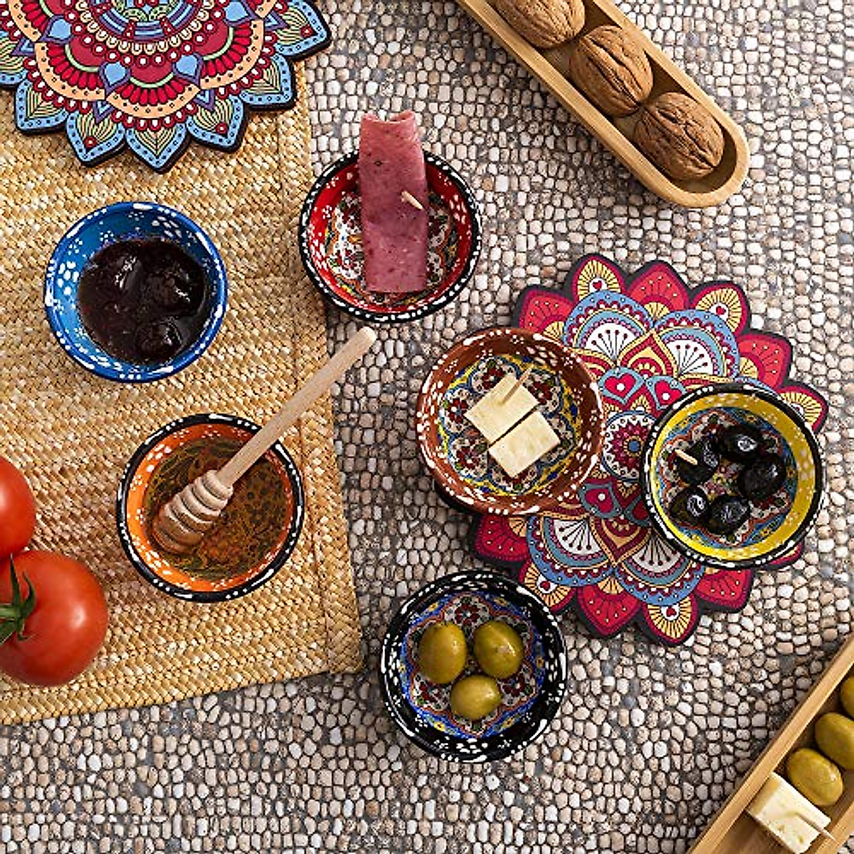 Ayennur Decorative Turkish Ceramic Bowl Set of 6 Serving-Handcrafted(3.14''- 8cm) 2.5oz Pinch Sauce Multicolor Dipping Finger Small Serving Charcuterie Bowls