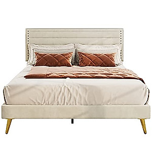 LIKIMIO Queen Bed, Platform Bed Frame with Upholstered Headboard and Wooden Slats Support, No Box Spring Needed, Easy Assembly, Beige