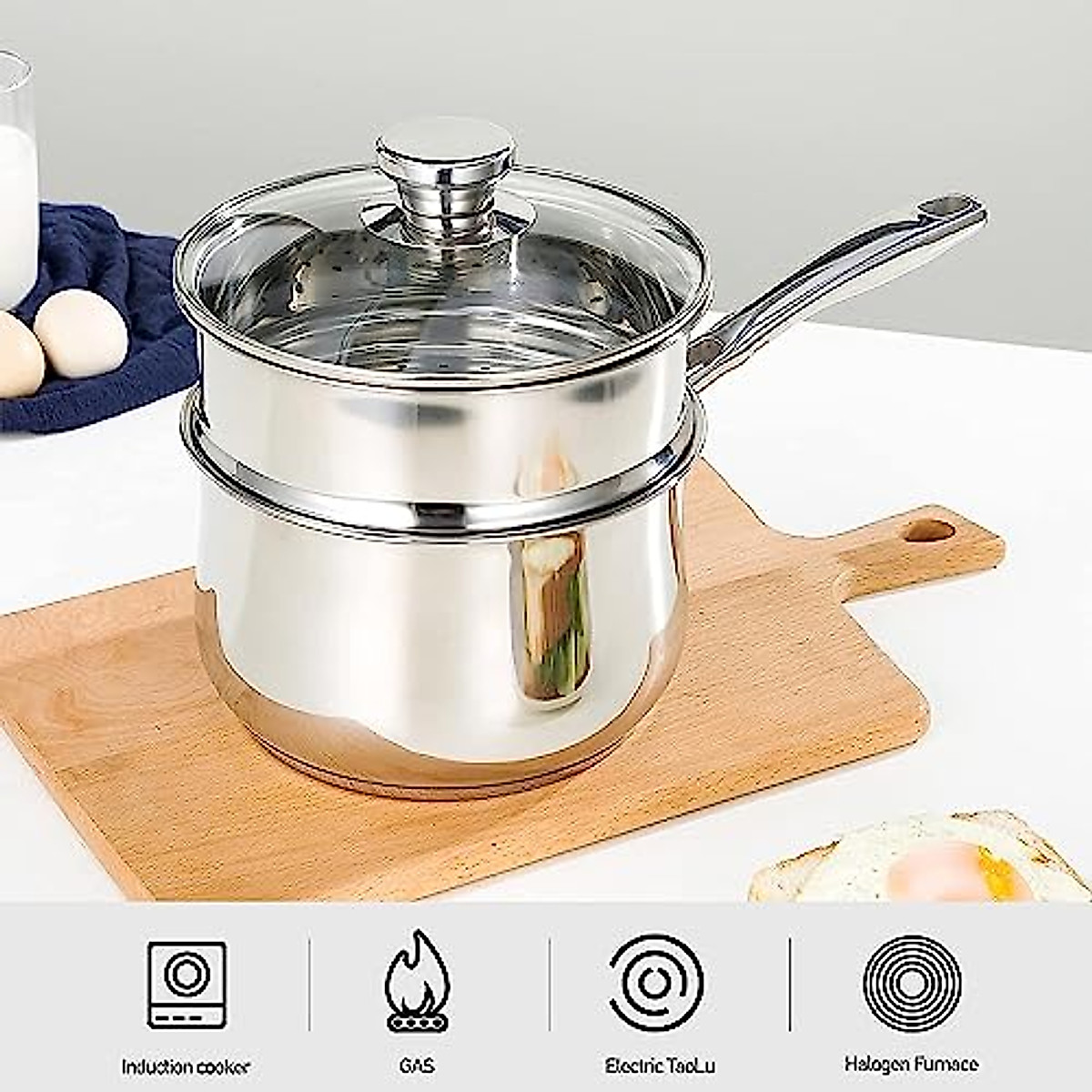 Stainless Steel Saucepan,DERUI CREATION 1.5 QT Food Grade 304 Stainless Steel Soup Pot and Steamer Basket,Cooking Pot with Lid (16cm（1.5QT）, Silver)