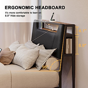 IRONCK Queen Bed Frame with Drawers, Ergonomic Storage Headboard with Charging Station, LED Light, Solid and Stable, No Box Spring Needed